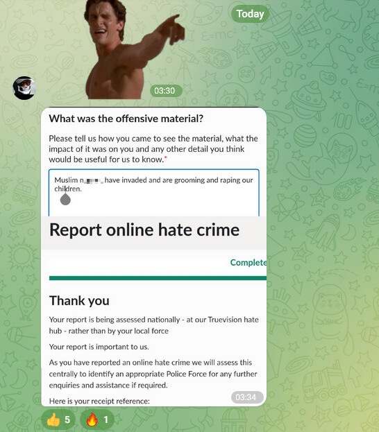 Racist malicious police report Telegram - TELL MAMA